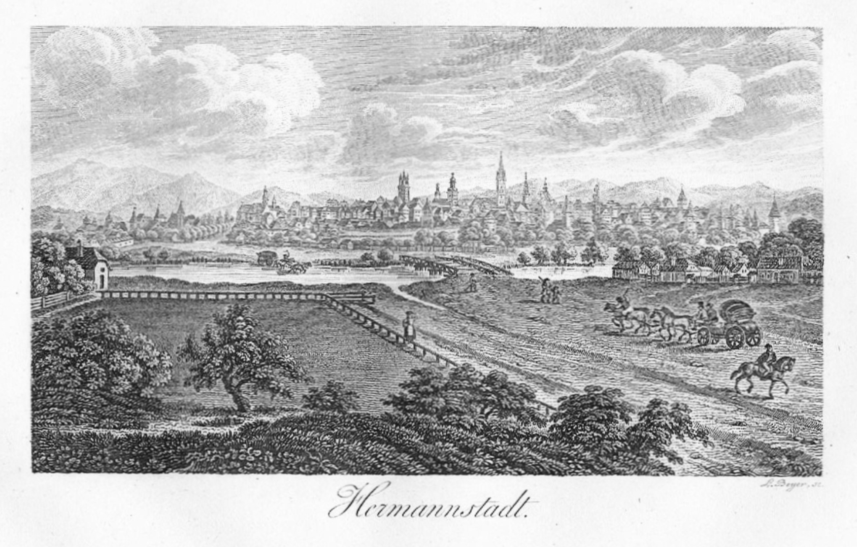 Gravură reprezentând Râul Cibin și, în planul al doilea, orașul Sibiu - Apa Canal Sibiu